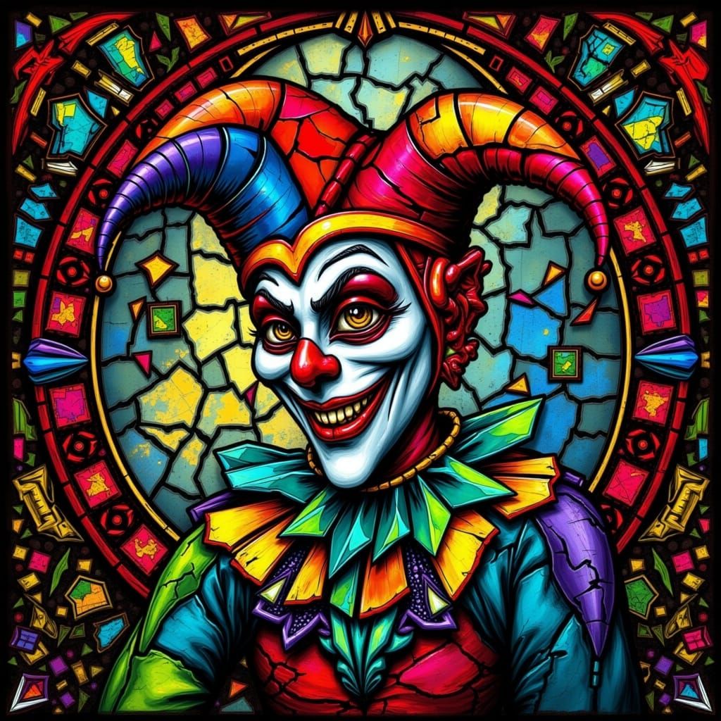 Whimsical Jester in Vibrant Stained Glass Mosaic - AI Art