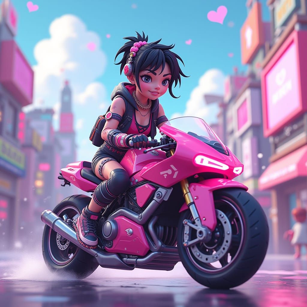 Tomboy on Motorcycle in Pixelated Neon Cityscape - AI Art