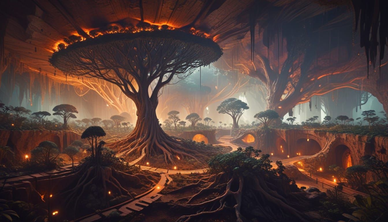 multi-level, underground tunnel system, underneath a colossal petrified ...