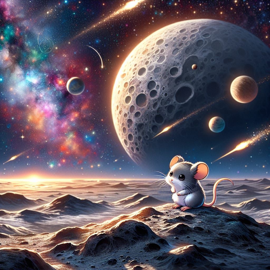 Photograph, Macro, chibi mouse on the moon surface, starry night sky ...