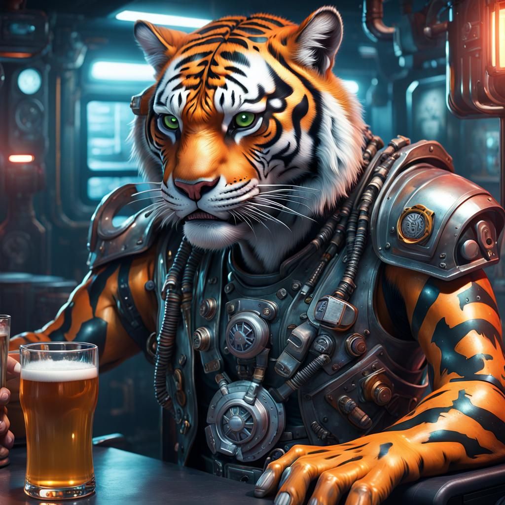 Cyberpunk Bengal Tiger Assassin enjoying a cold drink - AI Generated ...