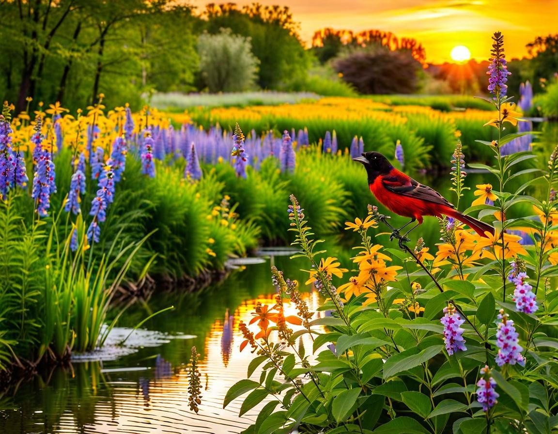 Beautiful Sunset on an Orchard Oriole at a small stream with ...