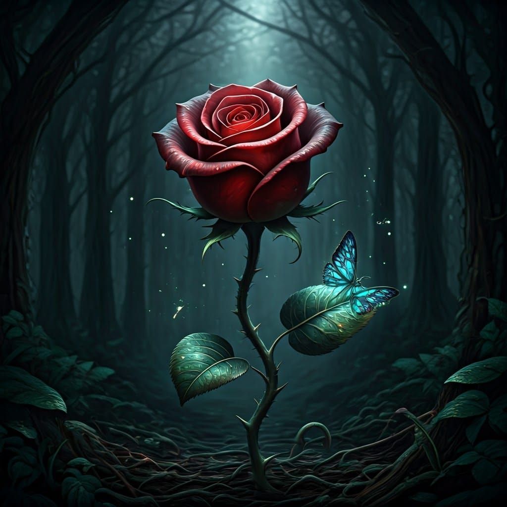 A solitary, carnivorous rose stands in a dimly lit, misty forest, its ...
