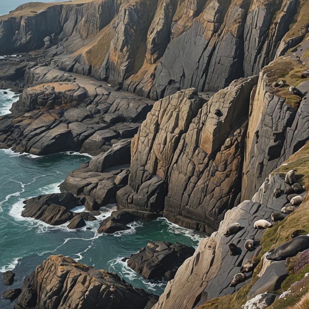 Black ocean cliffs , seals on the rocks - AI Generated Artwork ...