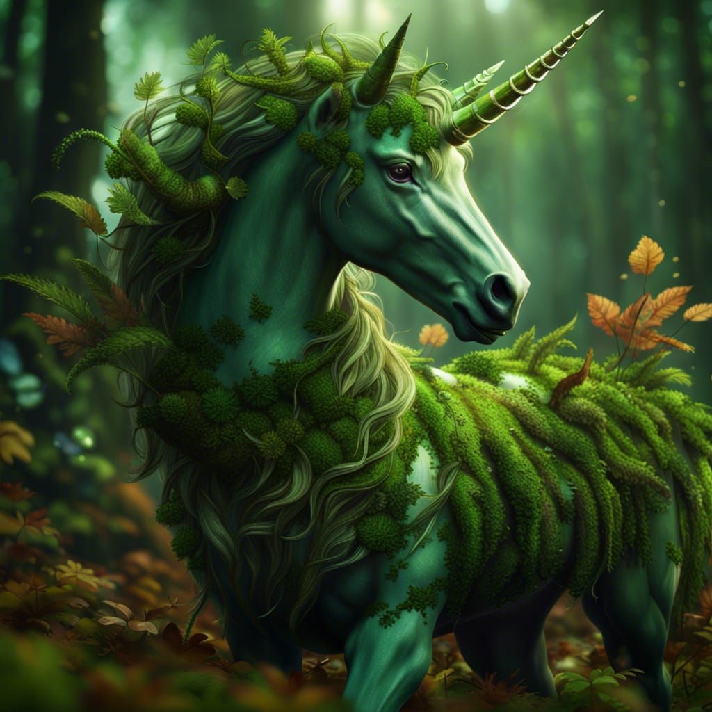 Light green unicorn with a mane of leaves and moss raring up - AI ...