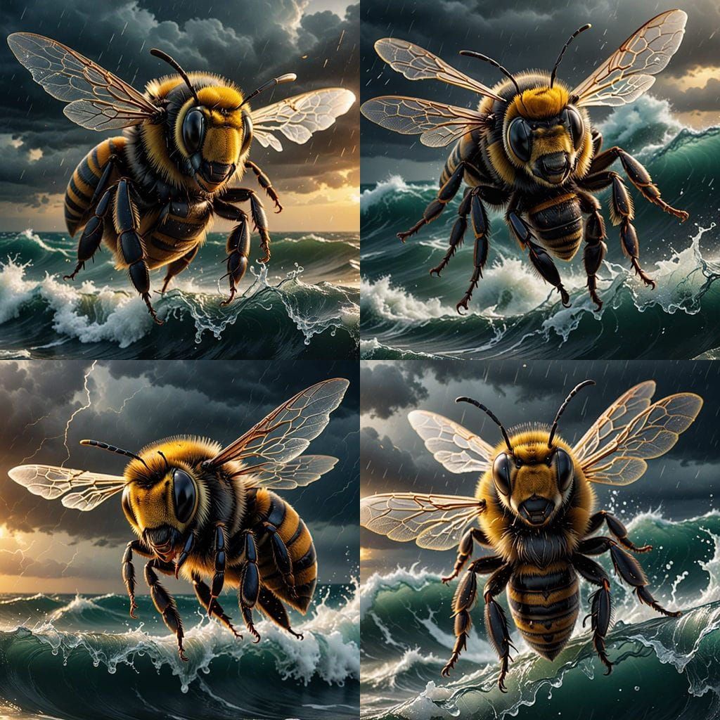 Bee in Turbulent Stormy Sea Close-up in Hyper-Real... - AI Art