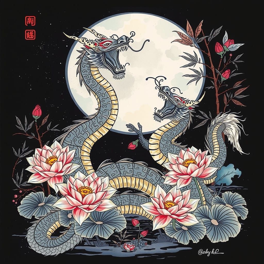 One serpent and one dragon; lotus flowers, bamboo; Chinese style ...