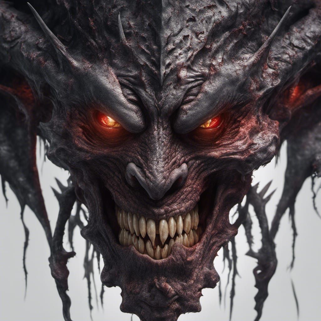demon face close up with white eyes sharp pointy teeth with scaley skin ...