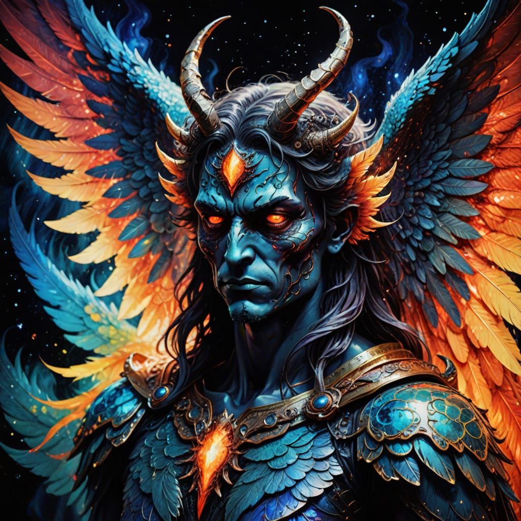 Portrait of an angel demon hybrid. Massive feathery wings, short demon ...