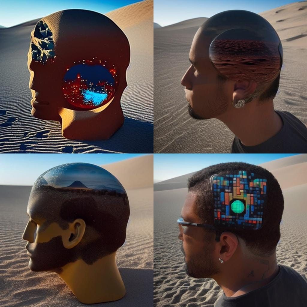 Man's head in space, Tiny sand clocks in desert - AI Generated Artwork ...