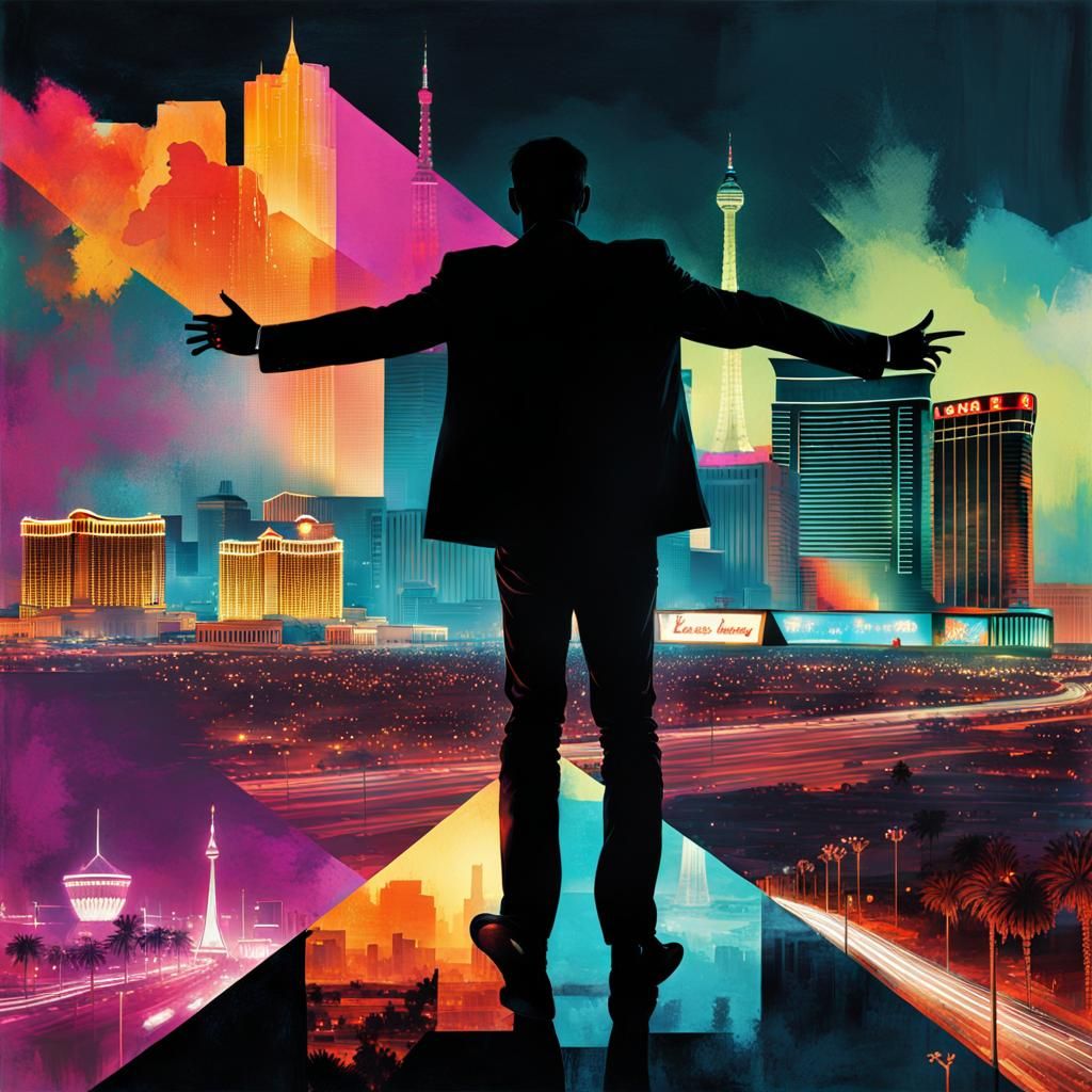 double exposure effect with a cheering man's silhouette and Las Vegas ...