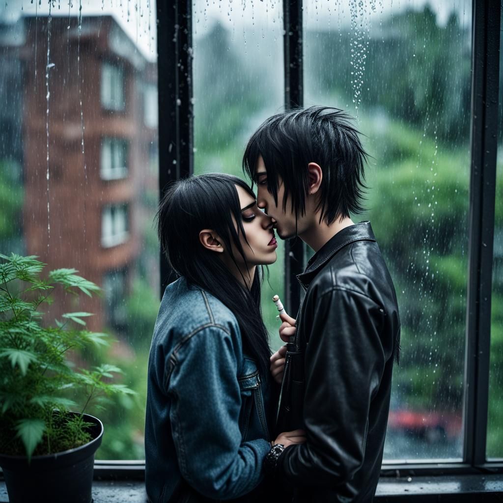 emo couple smoking weed outside the window a heavy rain storm rages - AI Generated Artwork ...