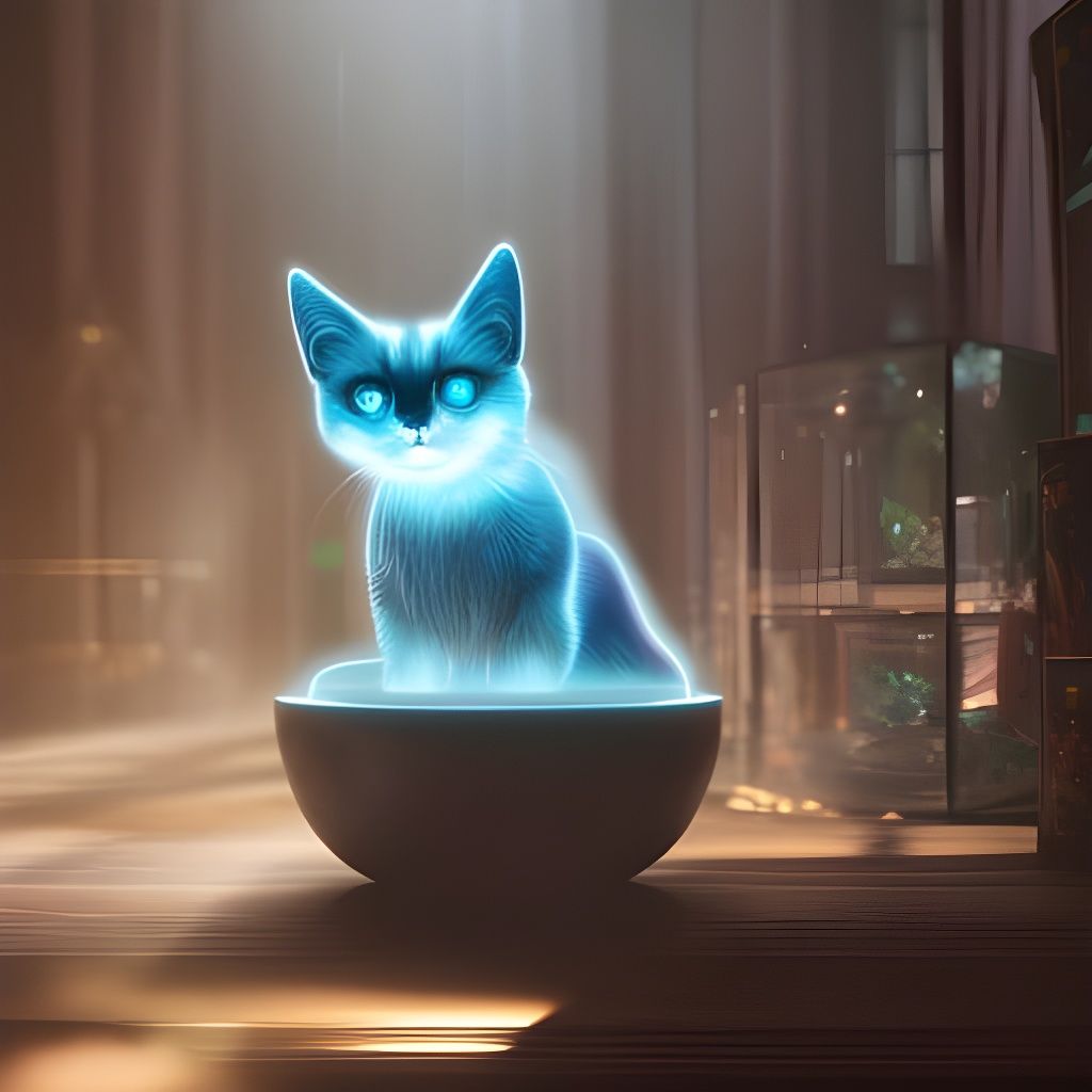 close up, transparent ghost cat inside a teacup on a table (holographic ...