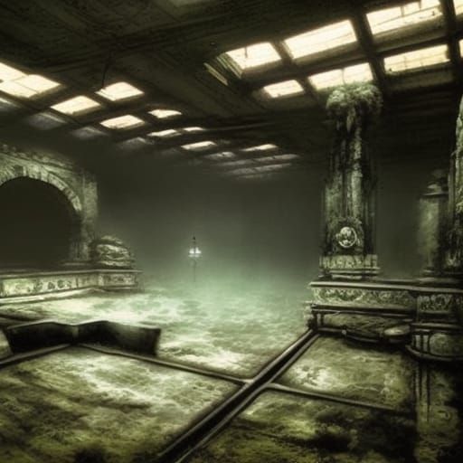 Haunted indoor swimming pool, wispy steam/fog over the water, algae ...