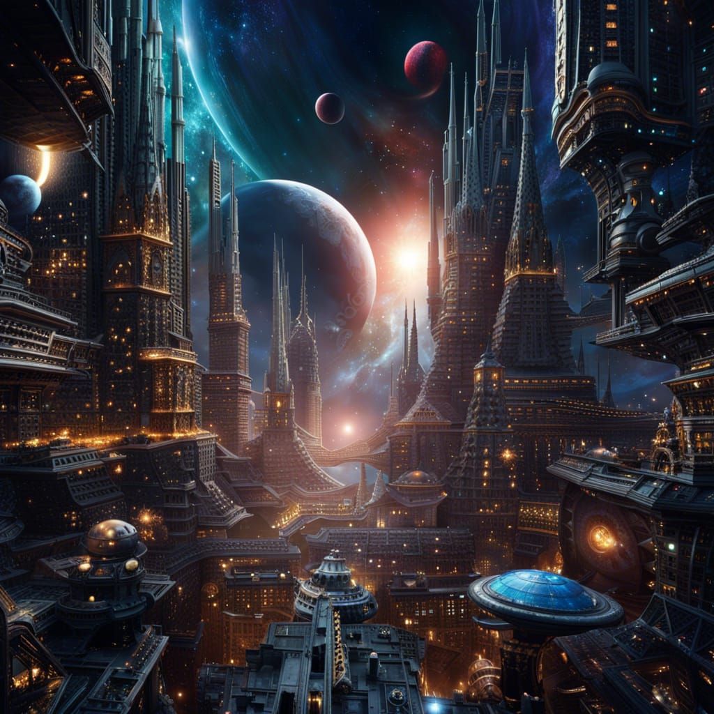 a beautiful alien metropolis with glistening lights amongst the ...