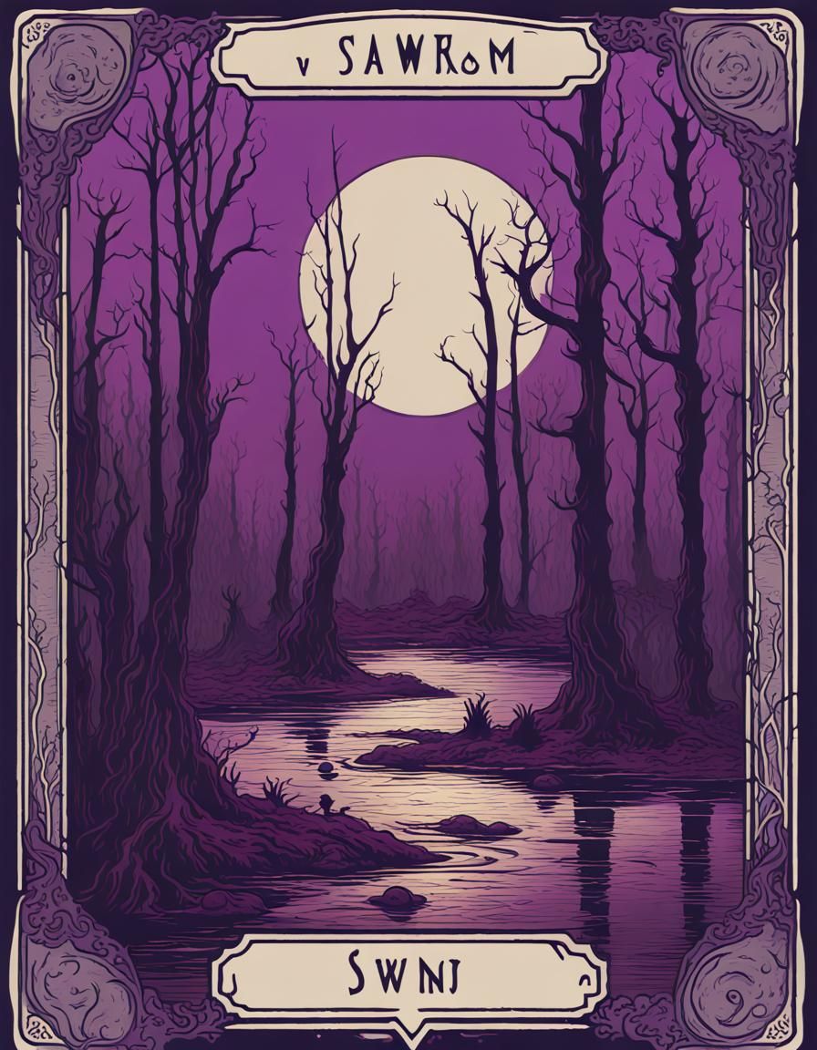 A tarot card of an swamp. Old-fashioned, retro, weathered, worn. The swamp is depicted as part ...