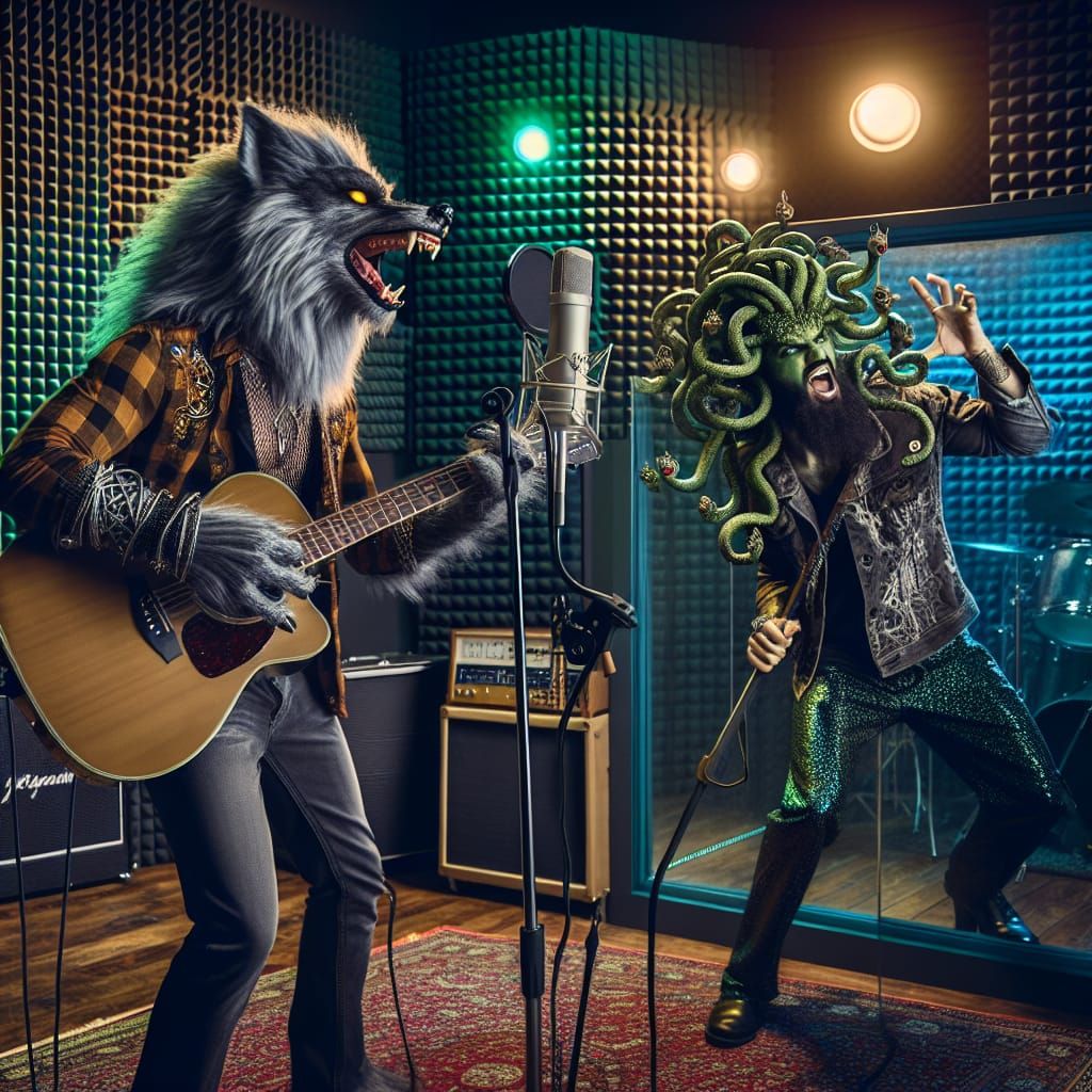 A werewolf playing acoustic guitar in the recording studio, with Medusa ...