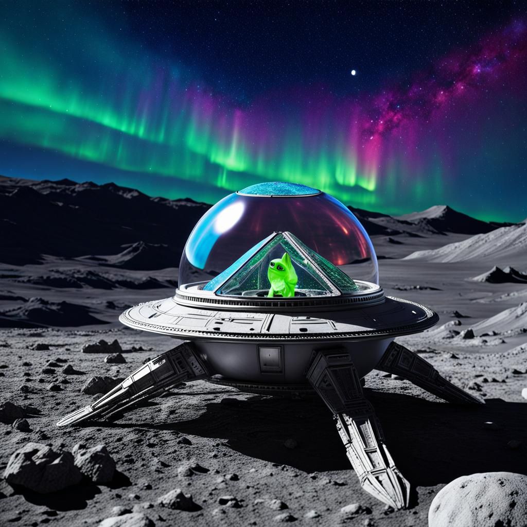 Photograph, sharp, miniature alien spaceship with glass cap with alien ...