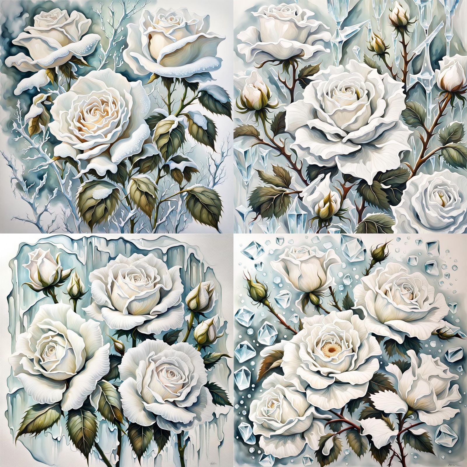 Winter white transparent ice roses with icy white background gouache ...