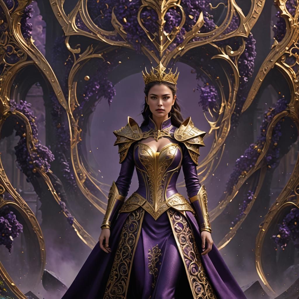 Unrealistic deep purple dress with golden armored top - AI Generated ...