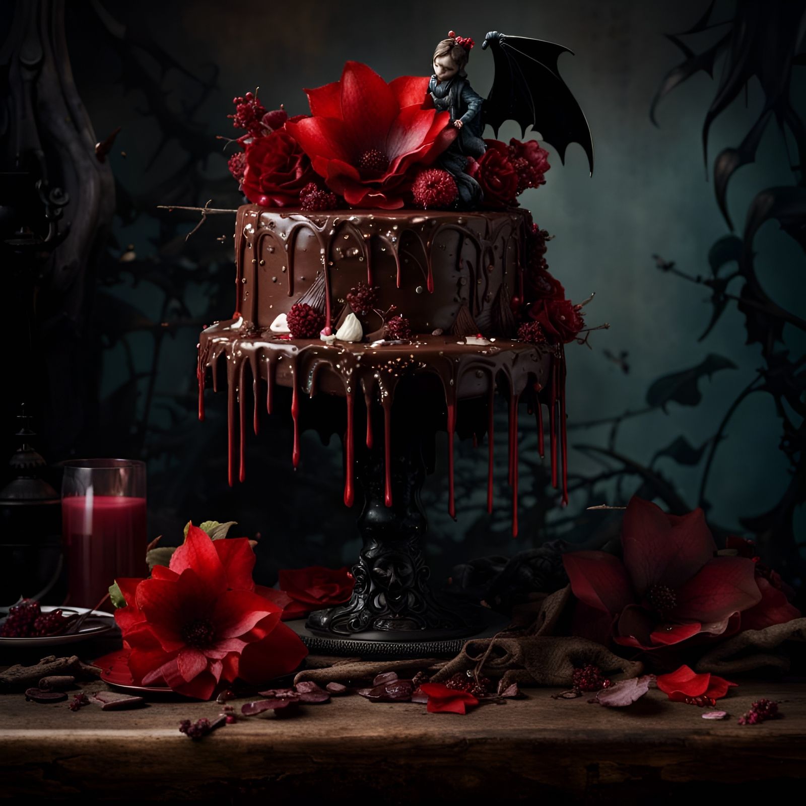 A delicious gothic cake dark chocolate decorated with dark red ...