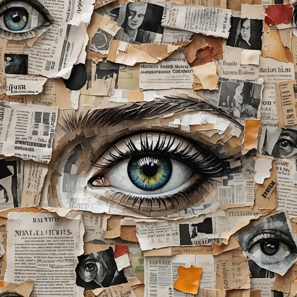 female eye in collage style. with newspaper make up impasto, watercolor ...