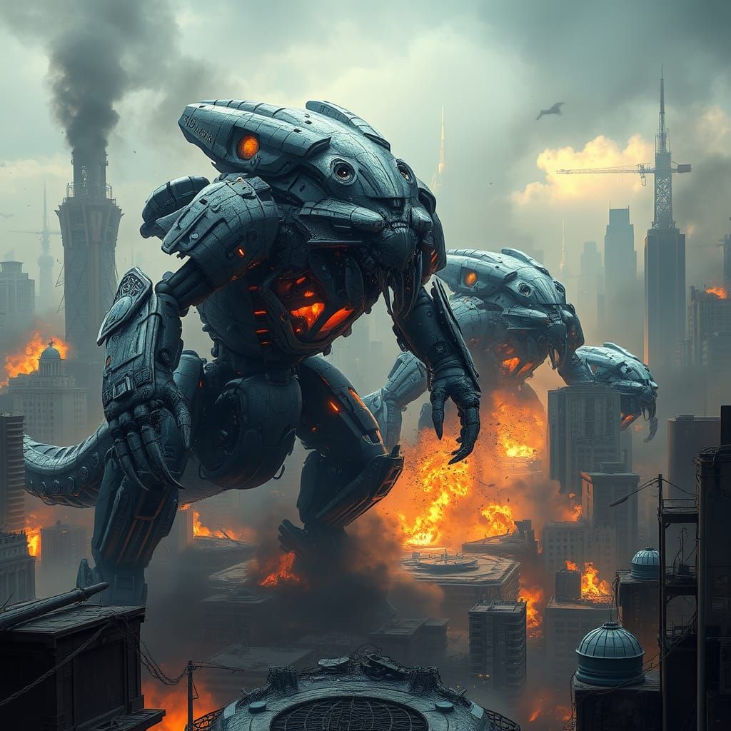 Epic Bio-Mecha Battle in a Ruined Cityscape - AI Art