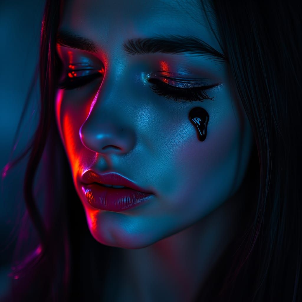 Hyperrealistic portrait of a melancholic woman, eyes closed, vibrant ...