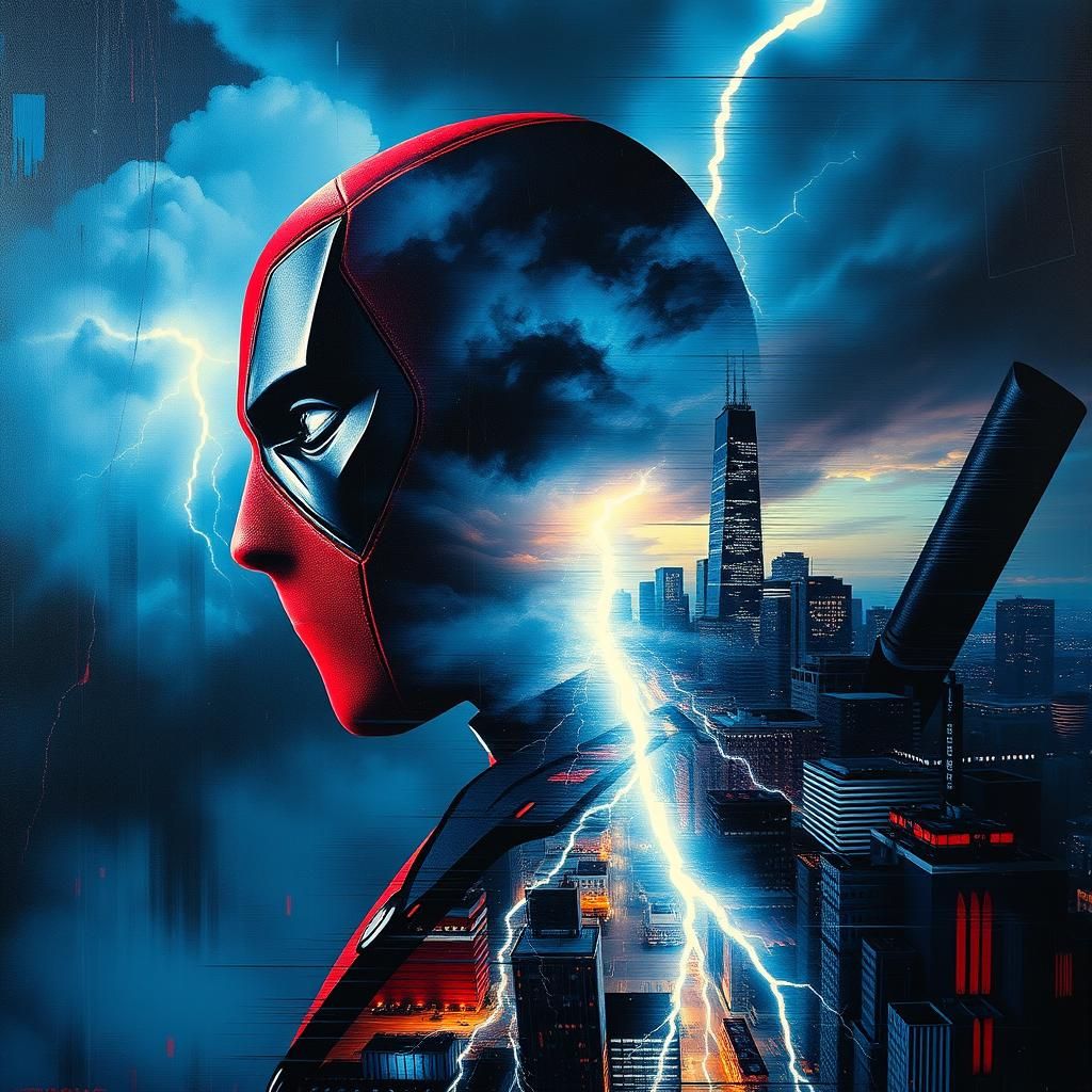 Electric Visions: The Surreal Fusion of Deadpool over the Chicago Skyline