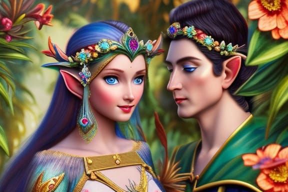 The couple of elves with Little Bird in Paradise Garden - AI Generated ...