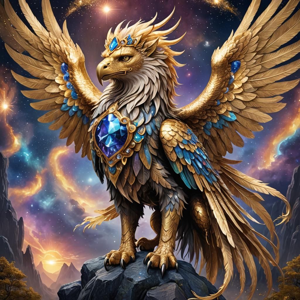 Create a breathtaking image of a "Celestial Griffon," a majestic and ...
