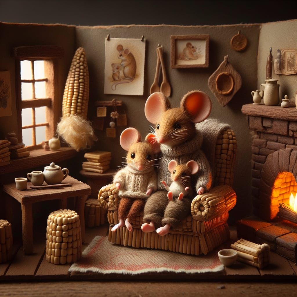 Render a diorama of A mama mouse, papa mouse and little girl mouse ...