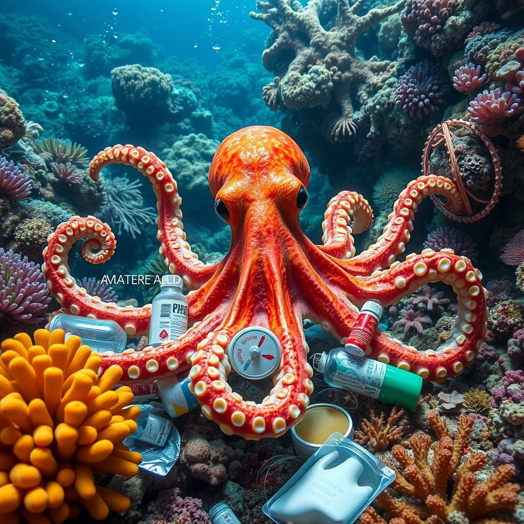 Octopus drowning in trash - Octopus drowning in trash