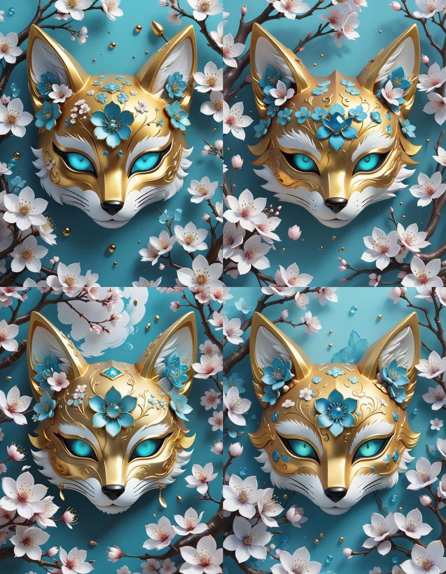 Japanese Kitsune Fox Mask in Golden Details with C... - AI Art