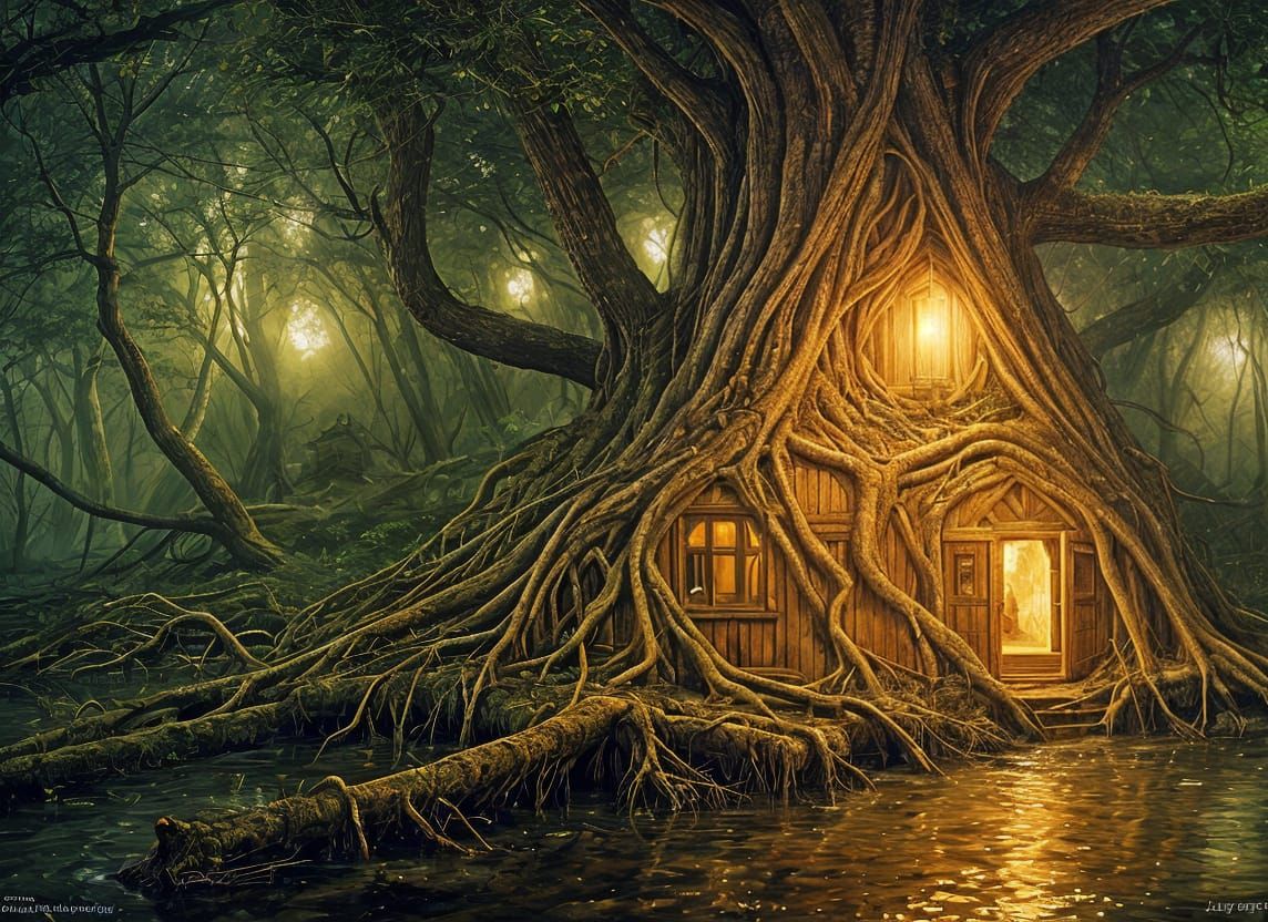 Cozy Swamp Hut Under Starry Dagobah Skies - AI Art