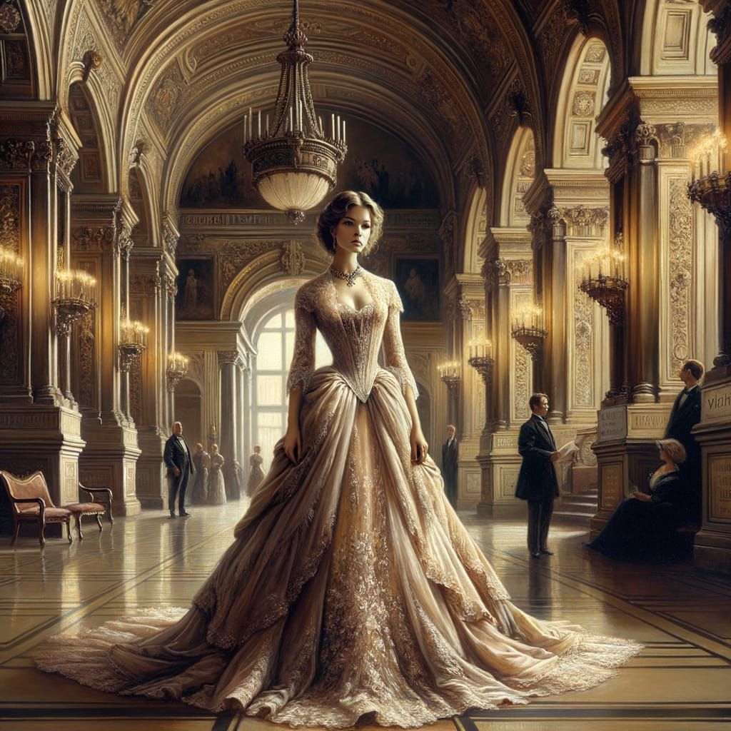 A lady waiting in the foyer of a European Opera House for her fiance to ...