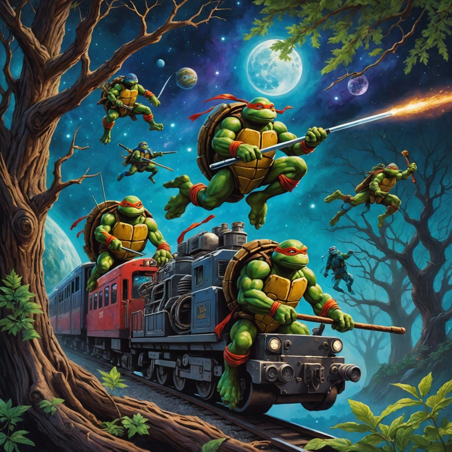 Ninja turtles train in the cedar branches - AI Generated Artwork ...