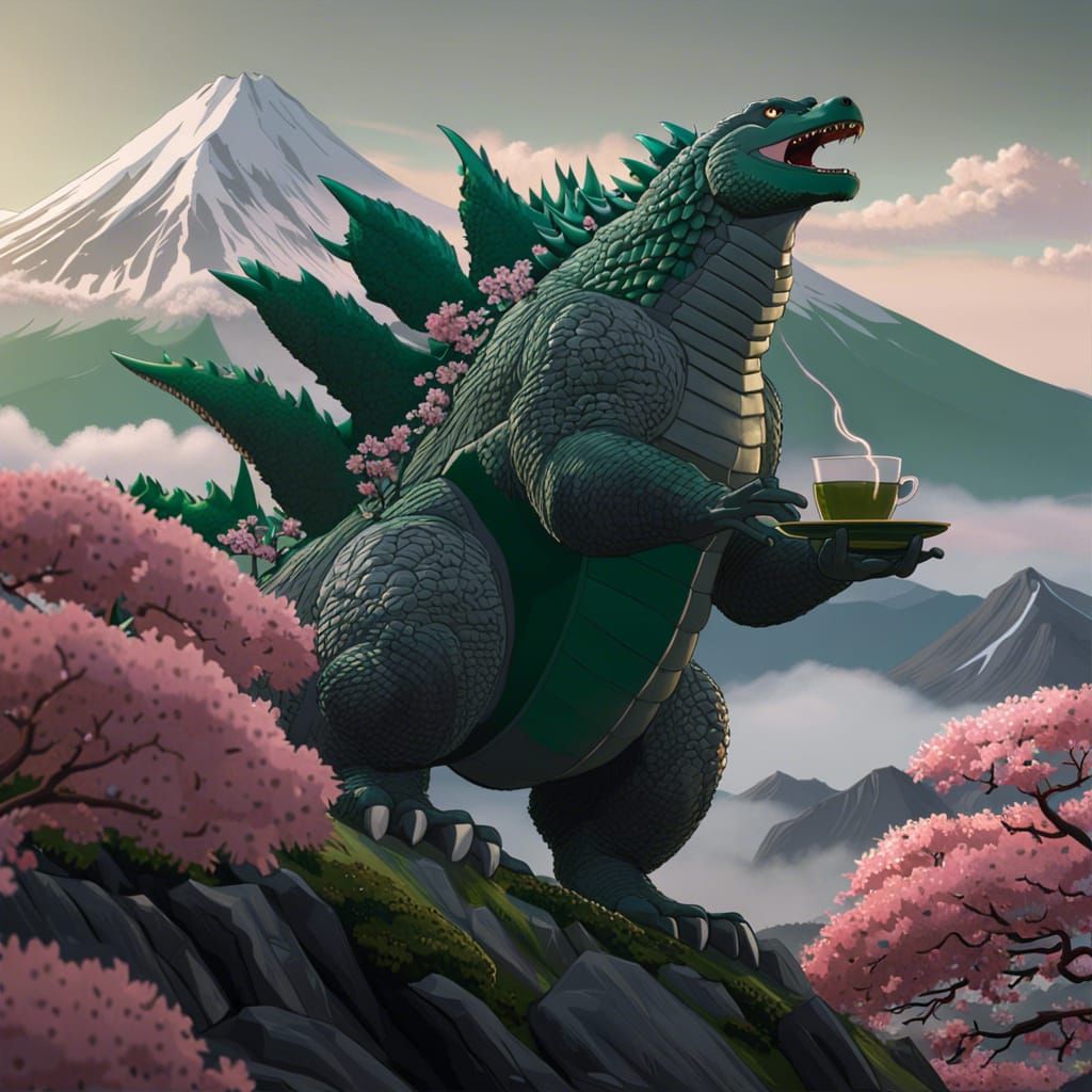Godzilla on Mt. Fuji with Sakura and Tea 3 - AI Generated Artwork ...