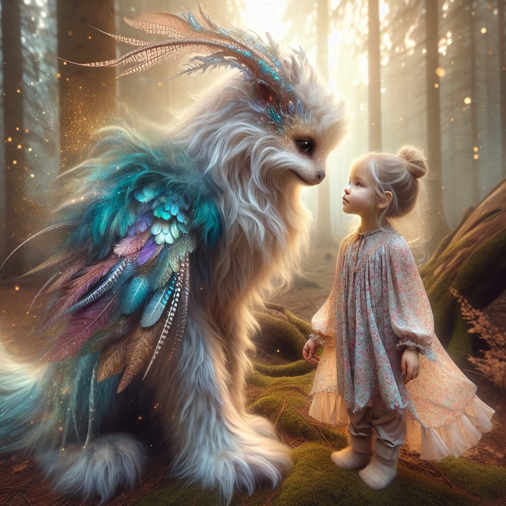 Mythical Beast with Feathered and Furred Companion... - AI Art