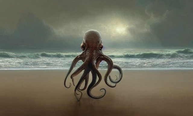 an octopus walking on the beach towards a beach. 8k resolution concept ...