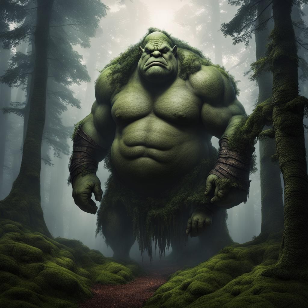 Giant ogre, behind tall trees, sleeping, misty, mystical - AI Generated Artwork - NightCafe Creator