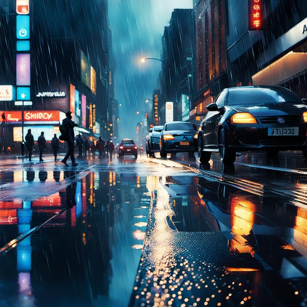 Rain-soaked city street - AI Generated Artwork - NightCafe Creator