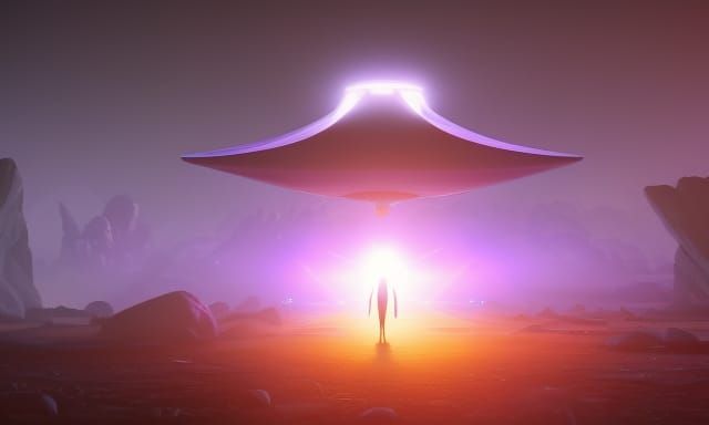 alien standing under a ufo, light beams, at night, mysterious a ...
