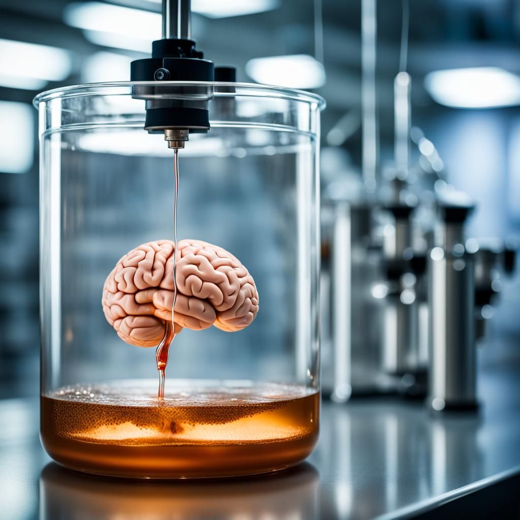 photo of a brain suspended in clear liquid in a laboratory vat. the brain is attached to ...