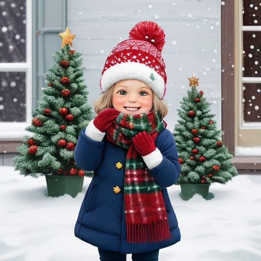 A Joyful Christmas Morning Scene in Whimsical Wint... - AI Art