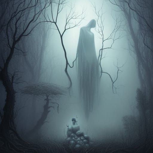 A surreal and haunting photorealistic illustration of a ghostly apparition, emerging from a ...