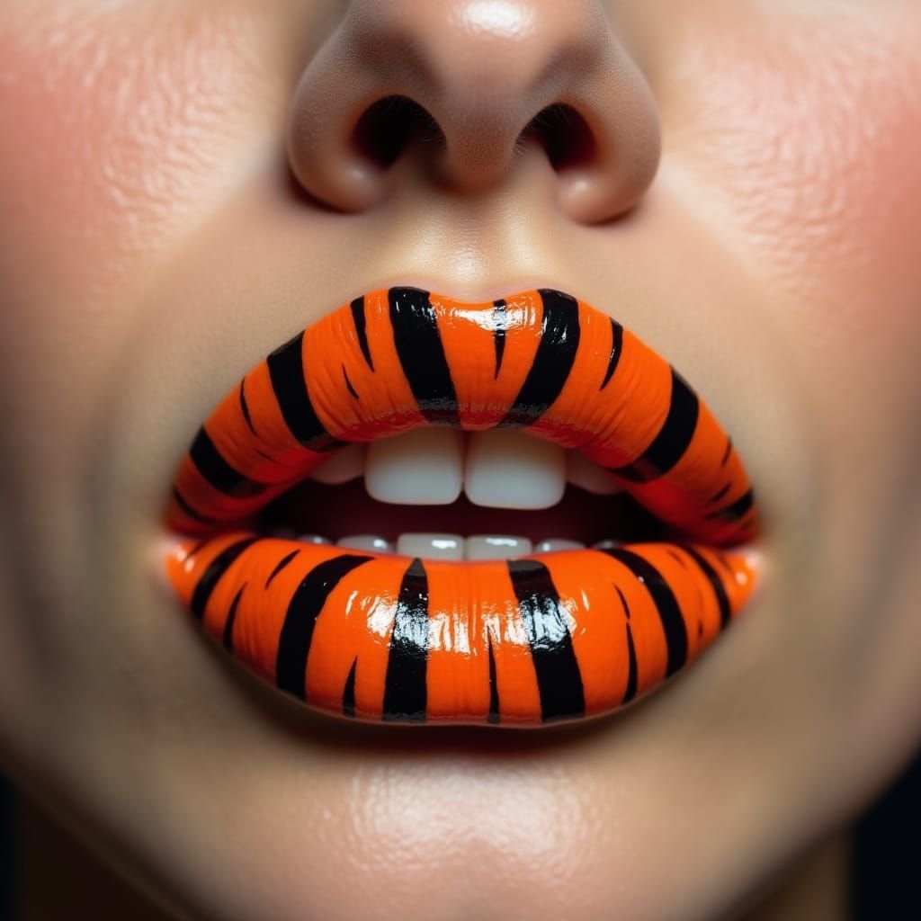 Tiger lips - Glossy Tiger Lip Art in Vibrant Orange and Blac...