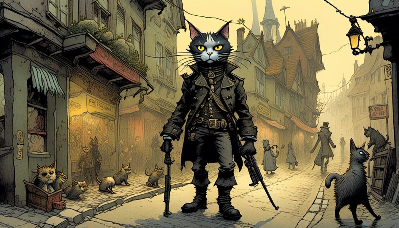 (The armed mercenary cat:1.5) (walks down a dystopian street in his ...