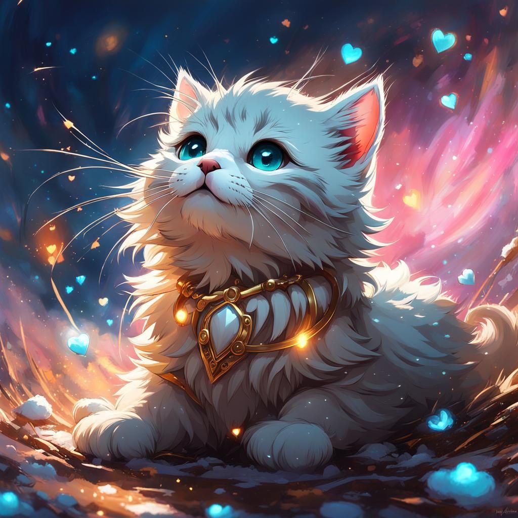 adorable cute baby chibi fluffy furry snow_kitten on bioluminescent ...