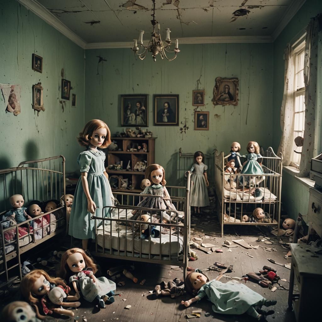 abandoned orphanage filled with eerie dolls in cribs - AI Generated ...